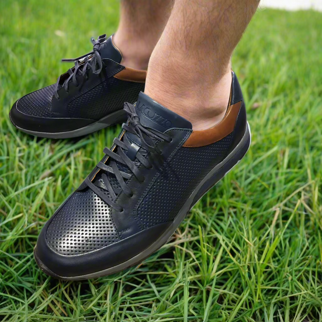 Perforated Navy Leather Trainer – Leonard Silver
