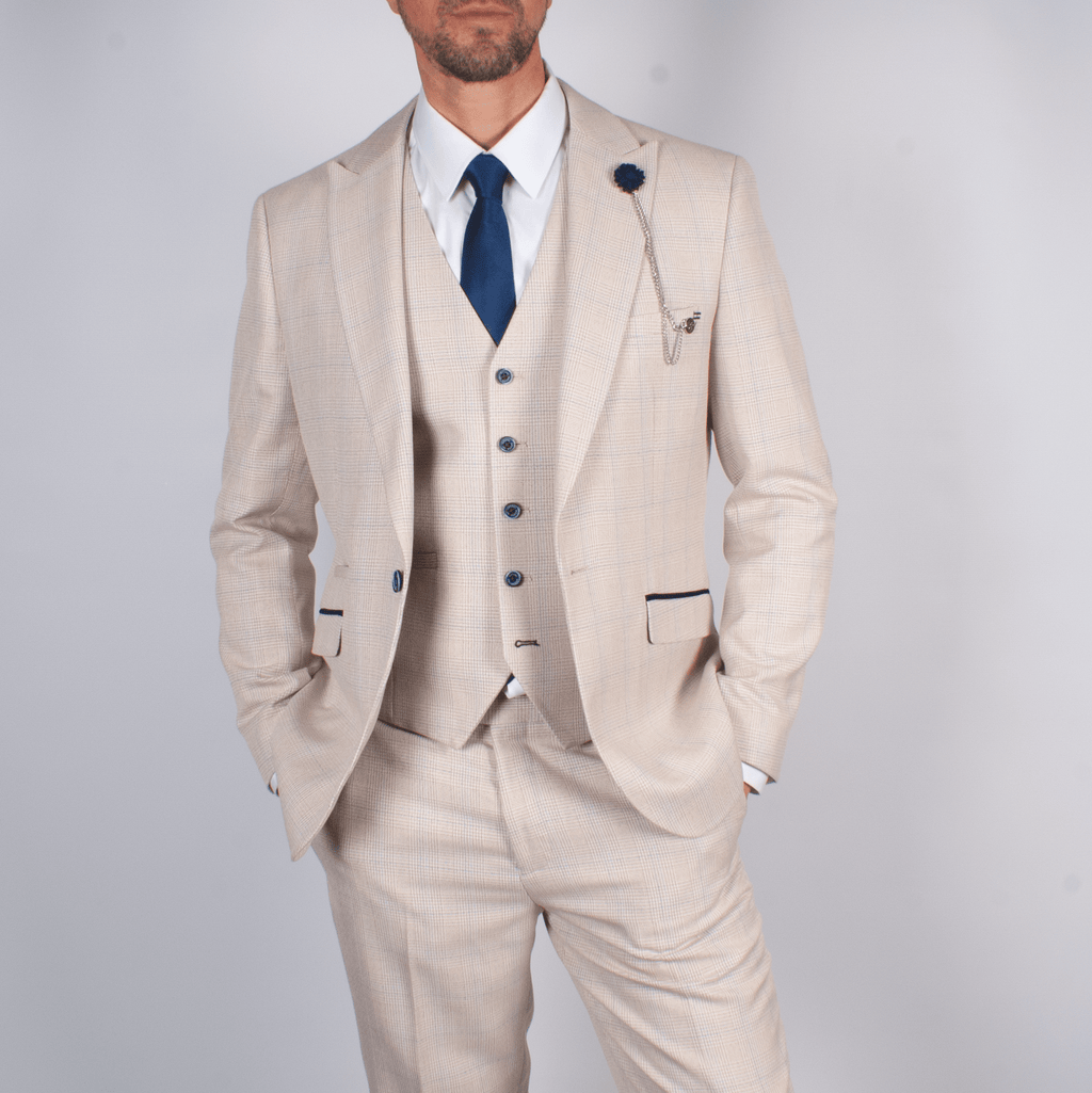 Ivory Suit With Check & Peak Lapels - Leonard Silver